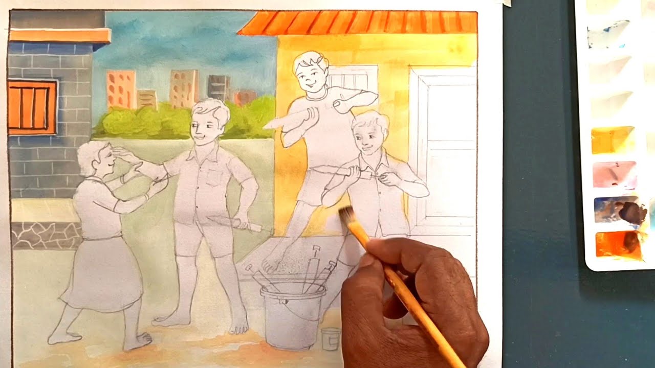 EASY HOLI DRAWING | COLOURFUL HOLI FESTIVAL MEMORY DRAWING | Holi ...