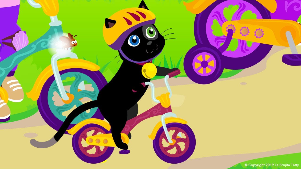 Jazda rowerem po lesie. Cat Misifu i Lily podróżują na magicznym ...