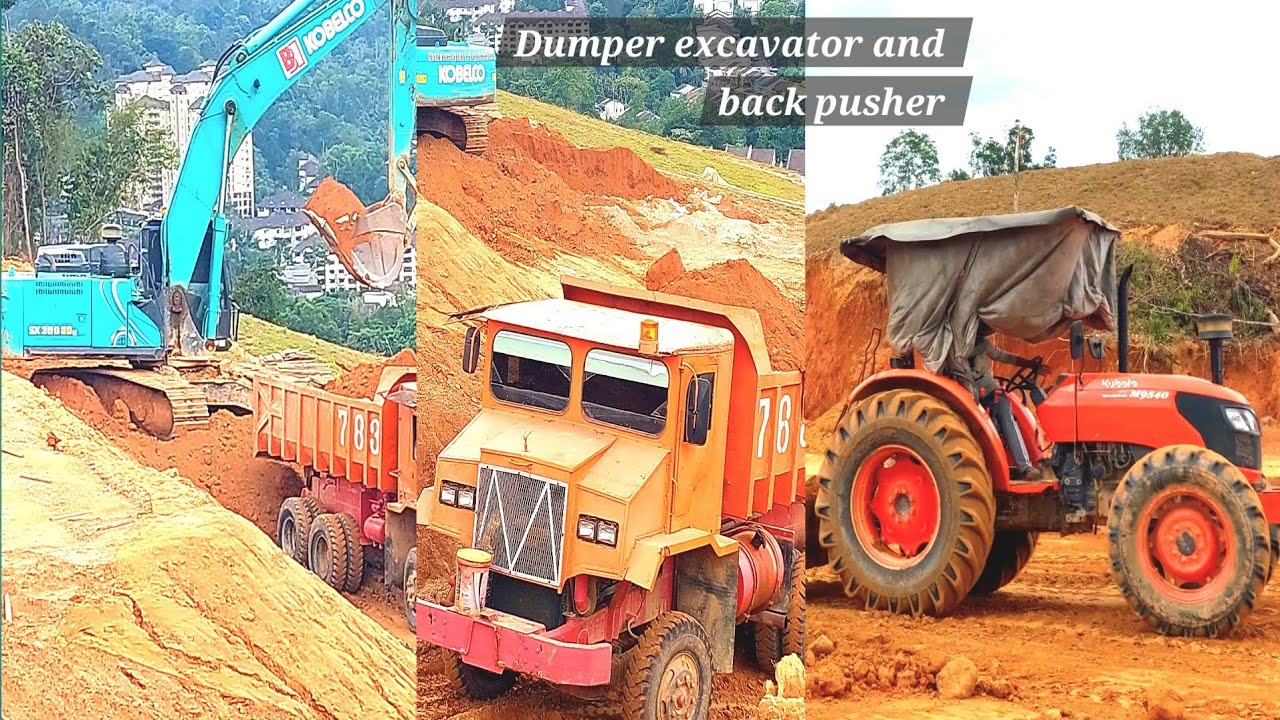 Heavy Equipment Action | Excavator Loading Dump Trucks & Back Pusher in ...