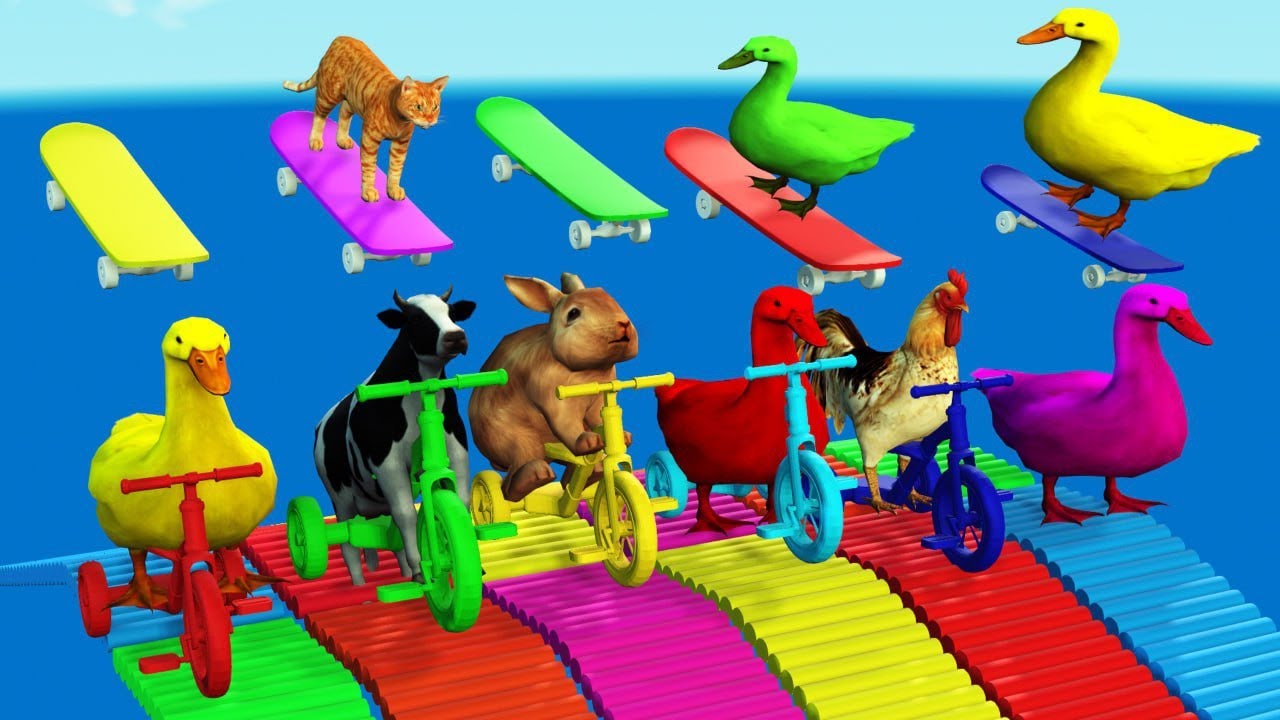 Long slide game with cow, duck, giant rooster, rabbit, cat, animals ...
