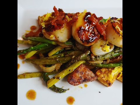 Cooking With Greens - Scallops in Orange sauce, Maple Bacon Asparagus and Roasted Potatoes