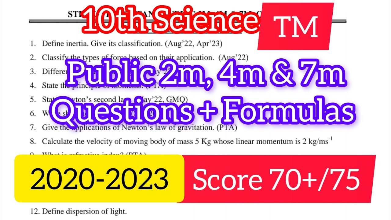 10th Science (TM)Public 2m, 4m & 7m questions +Formulas (2020-2023 ...