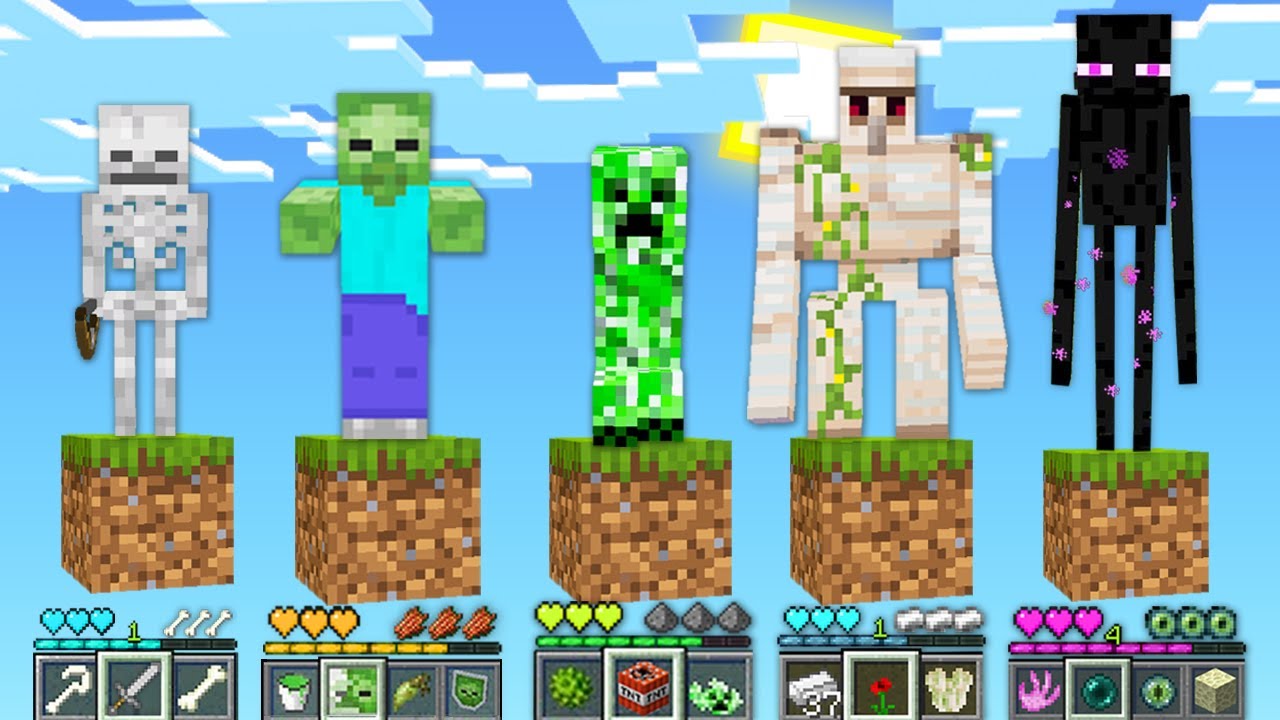 MOBS on ONE BLOCK - HOW TO PLAY MOBS in MINECRAFT GOLEM SKELETON ZOMBIE ...