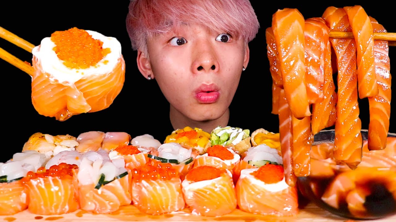 ASMR SALMON SUSHI + SALMON NOODLES (Eating Sound) | MAR ASMR - YouTube