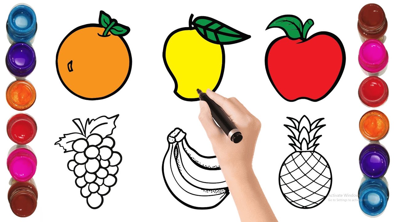Fruits colors, learn fruits name, Orange, Mengo, Apple, fruits drawing ...