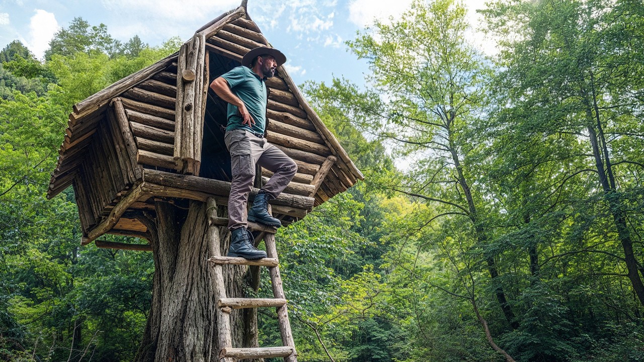 Bushcraft Treehouse on a Stump with Hand Tools and Dogs - YouTube