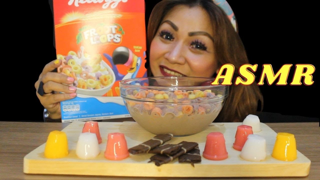 ASMR KELLOGG'S CEREAL, FRUIT JELLYS, AND BANANA DEKA CREPES COMBINE ...