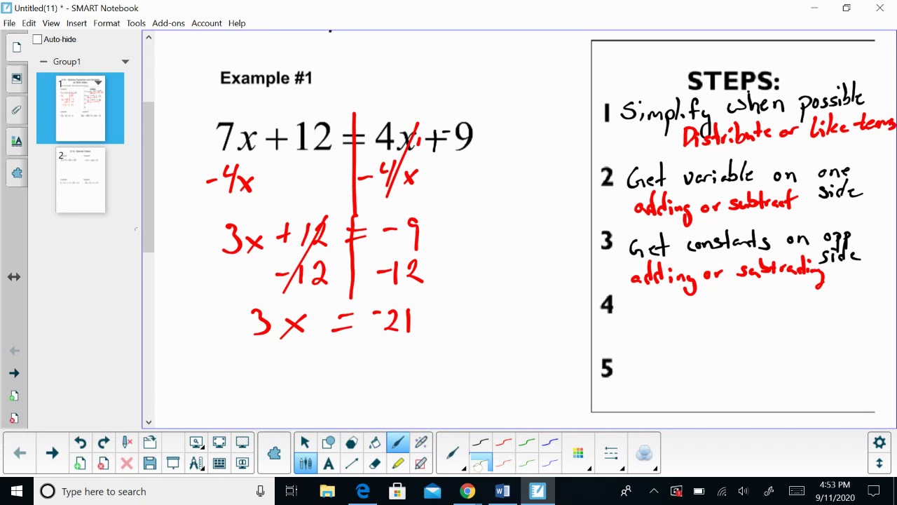 2.1a Solving Equations w/ Variable on Both Sides: Example 1 - YouTube