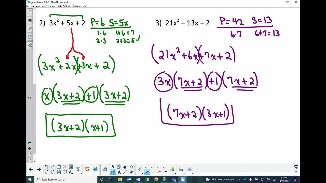 Algebra Lesson 8 6 Factoring ax2 + bx + c - YouTube