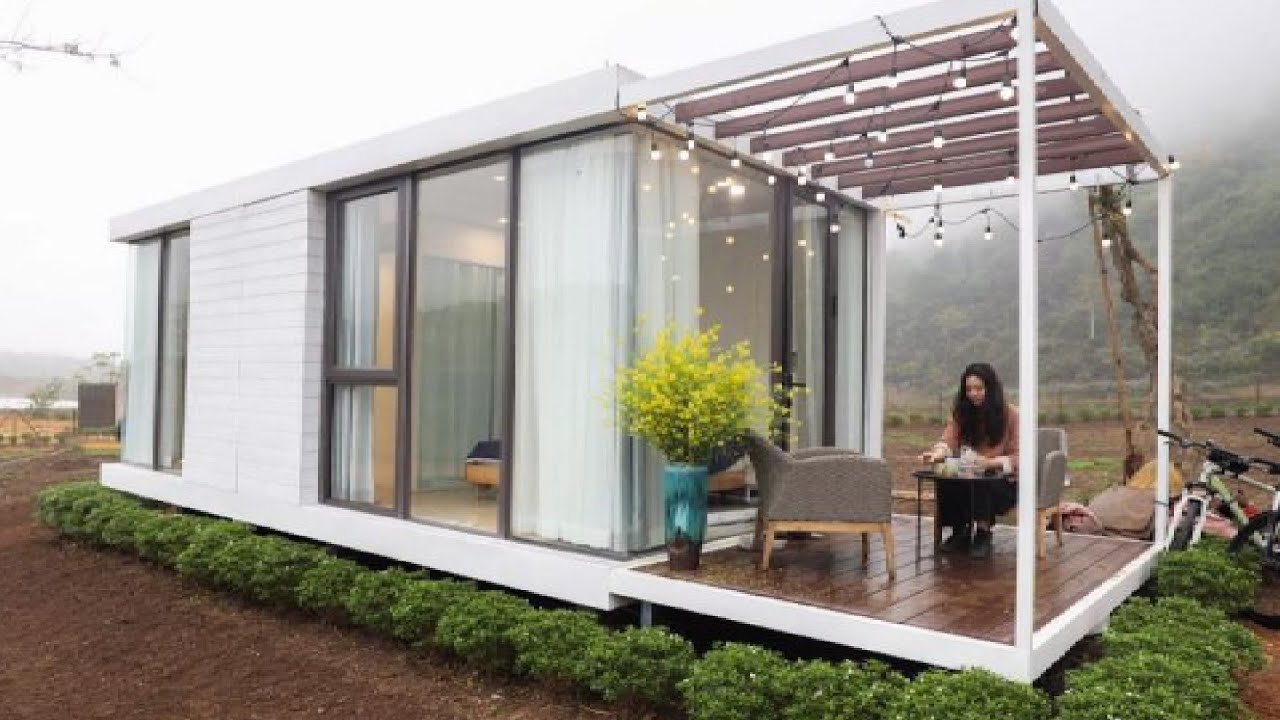 Amazing Minimalist White Prefab House with Relaxing Porch - YouTube