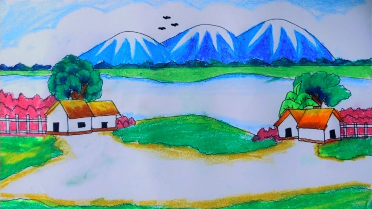 How to draw a beautiful mountain waterfall landscape village scenery ...