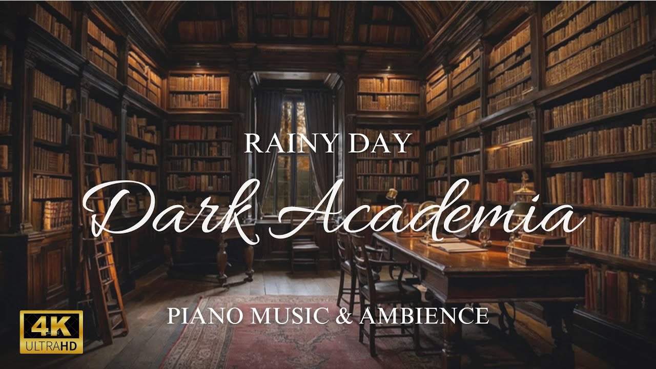 4K | Dark Academia Library Ambience | Melancholic Piano & Rain Sounds ...