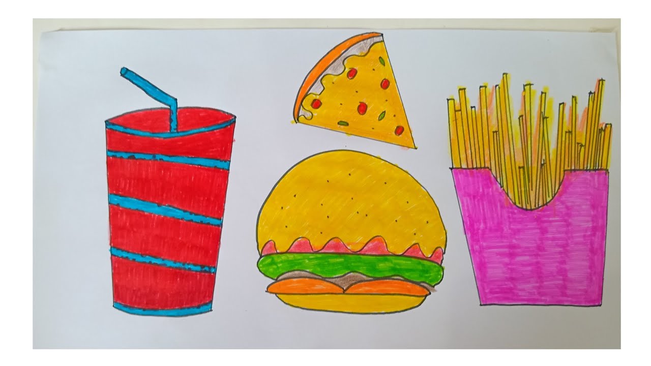 How to draw Fast food | junk food drawing step by step | unhealthy food ...
