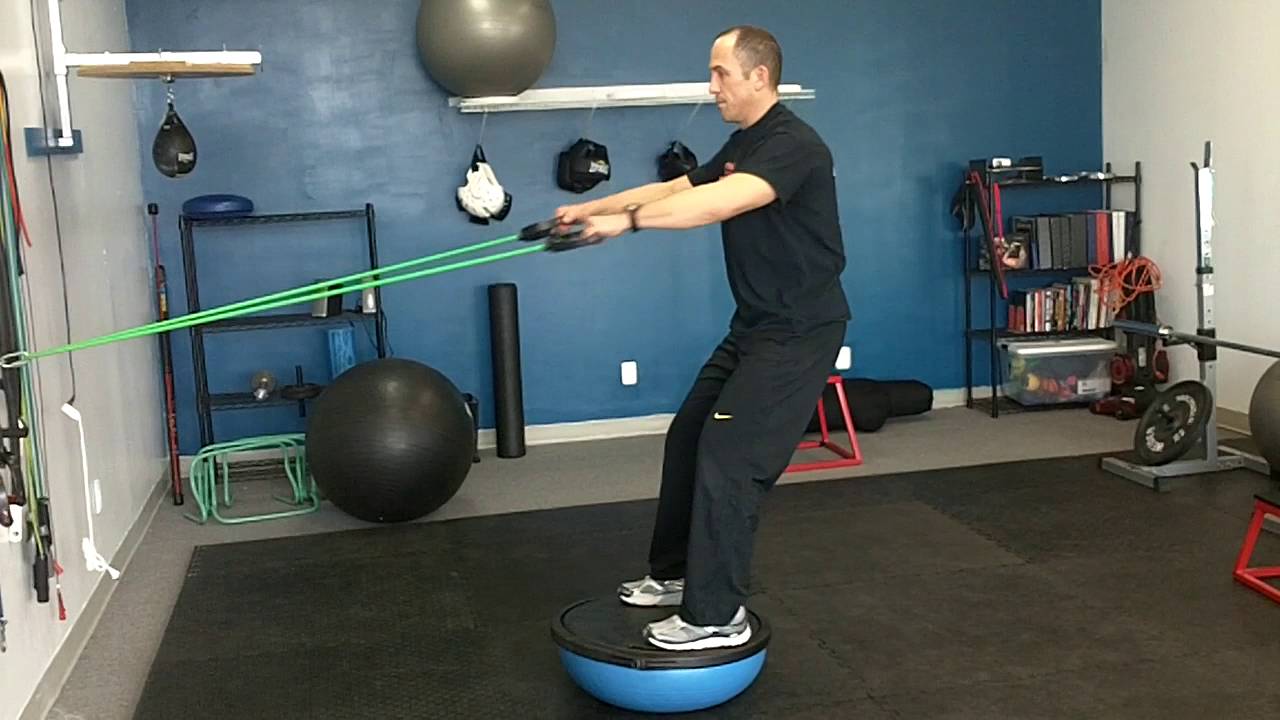 Squat to Row on BOSU with Band - YouTube