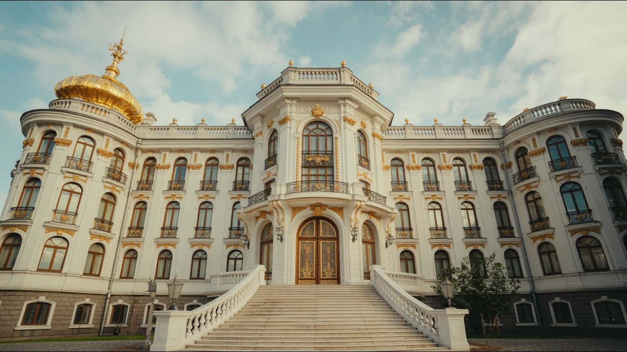 Grand White & Gold Mansion with Ornate Dome – Luxurious Outro Scene of ...