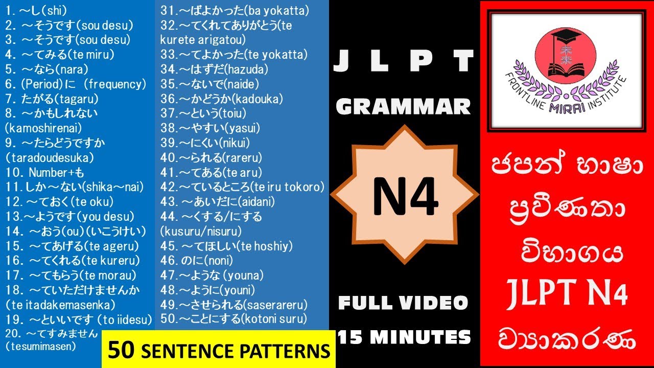JLPT N4 grammar - Full video ''You must know '' N4 ව්‍යාකරණ 1-50 - YouTube