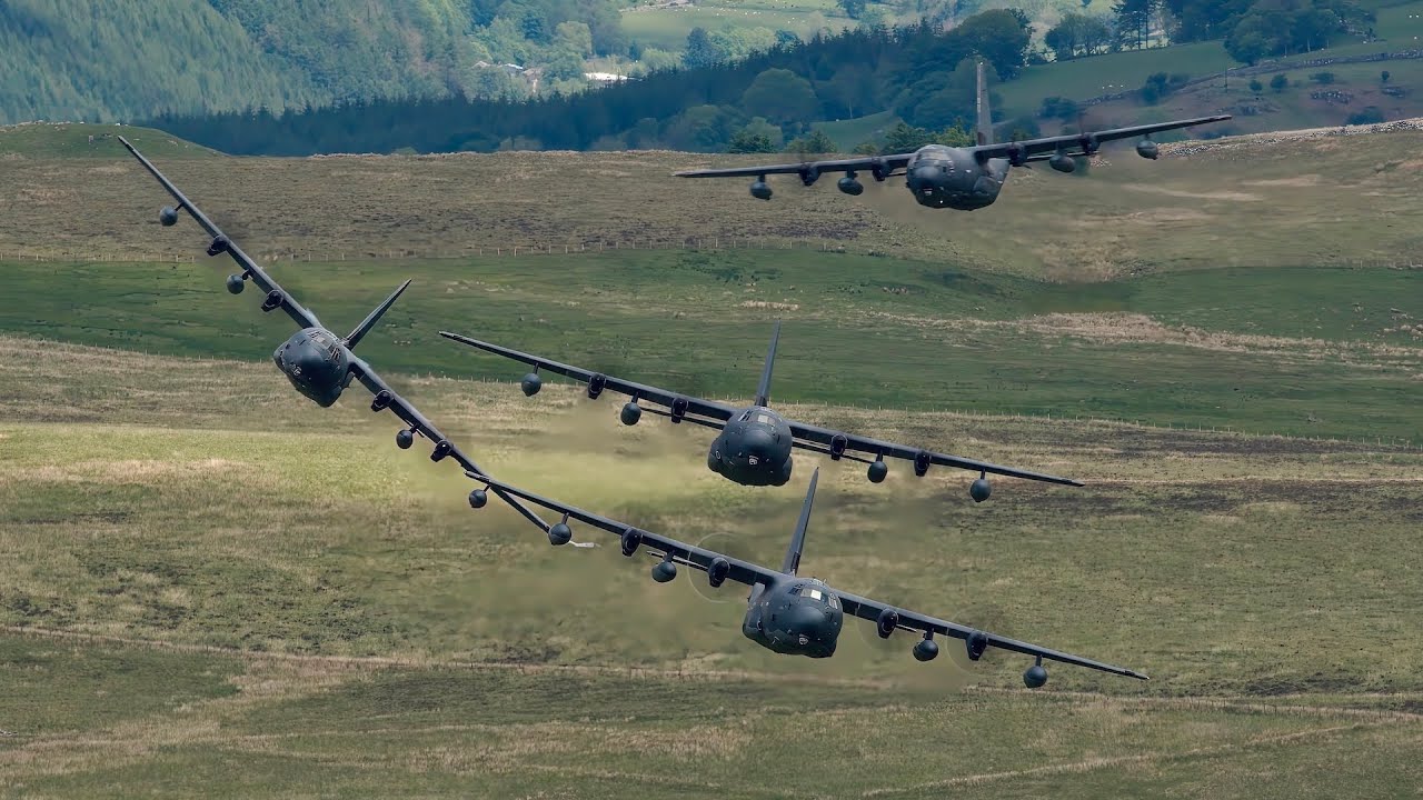 Incredible 4 mc130 fly in formation through the Mach Loop - YouTube