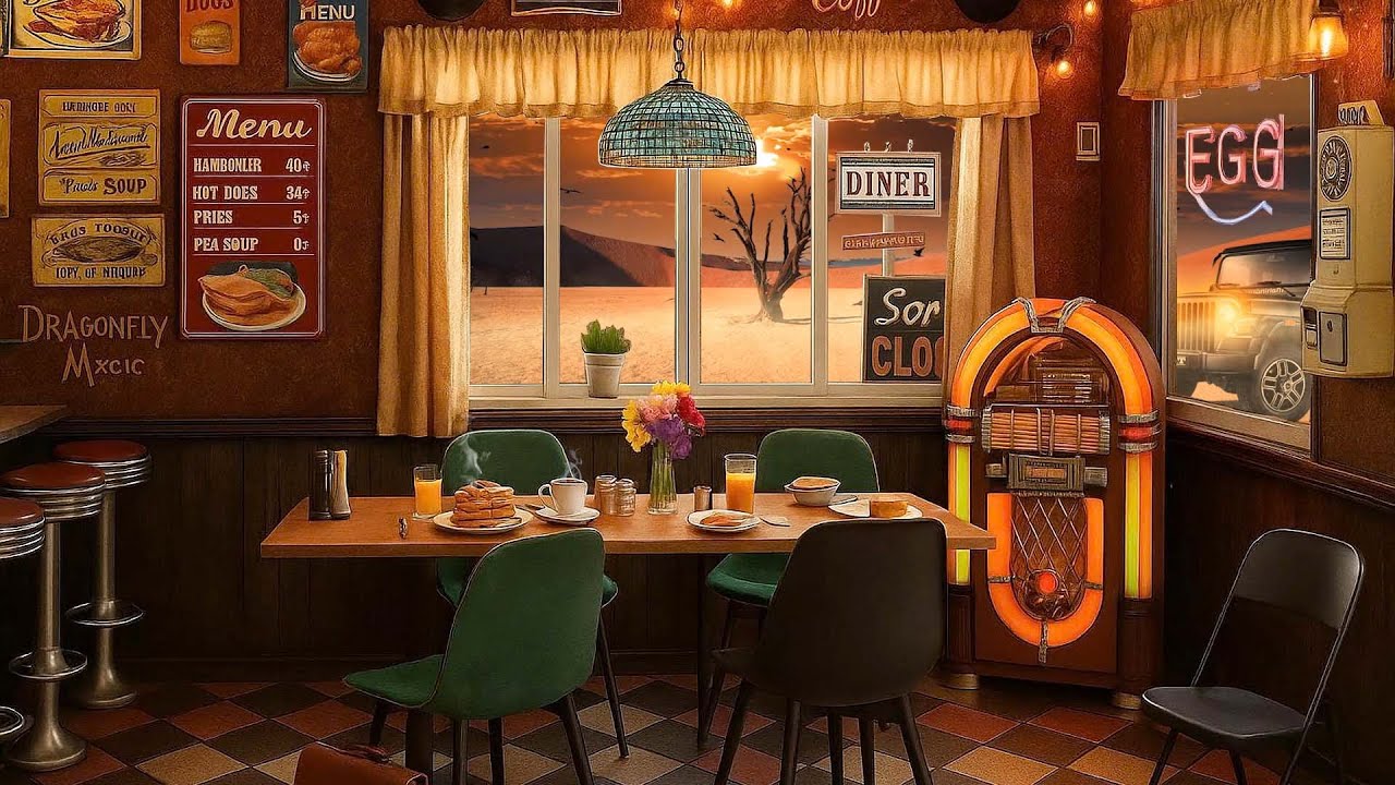 Cozy Roadside Diner day version 🥞 ASMR Ambience (cooking, desert storm ...