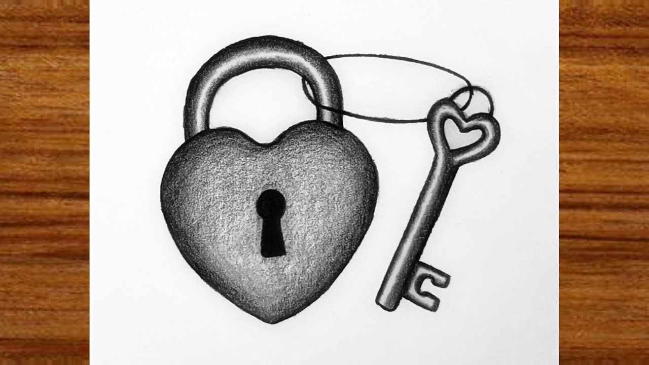 Pencil sketch Drawing | Heart Lock with Key Drawing Step by Step | Easy ...