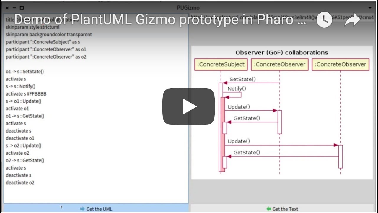 Demo of PlantUML Gizmo prototype in Pharo with Spec GUI - YouTube
