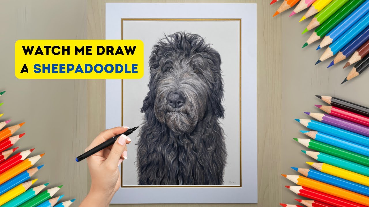 Realistic drawing of a sheepadoodle dog using coloured pencils ...