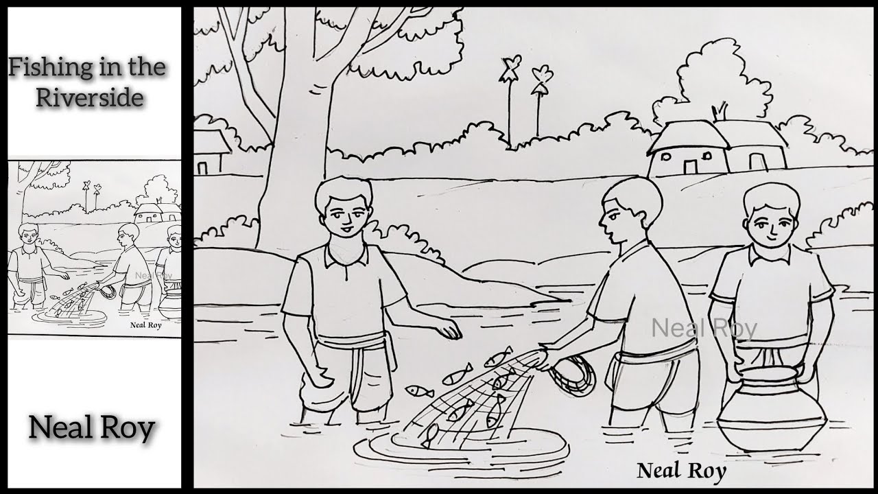 How to draw a Fisher man Drawing/Fishing in the riverside Drawing step ...