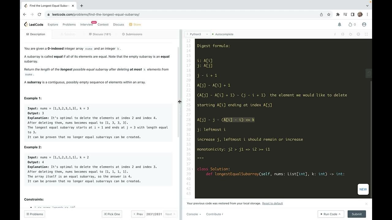 leetcode 2831. Find the Longest Equal Subarray - two pointer sliding window - YouTube