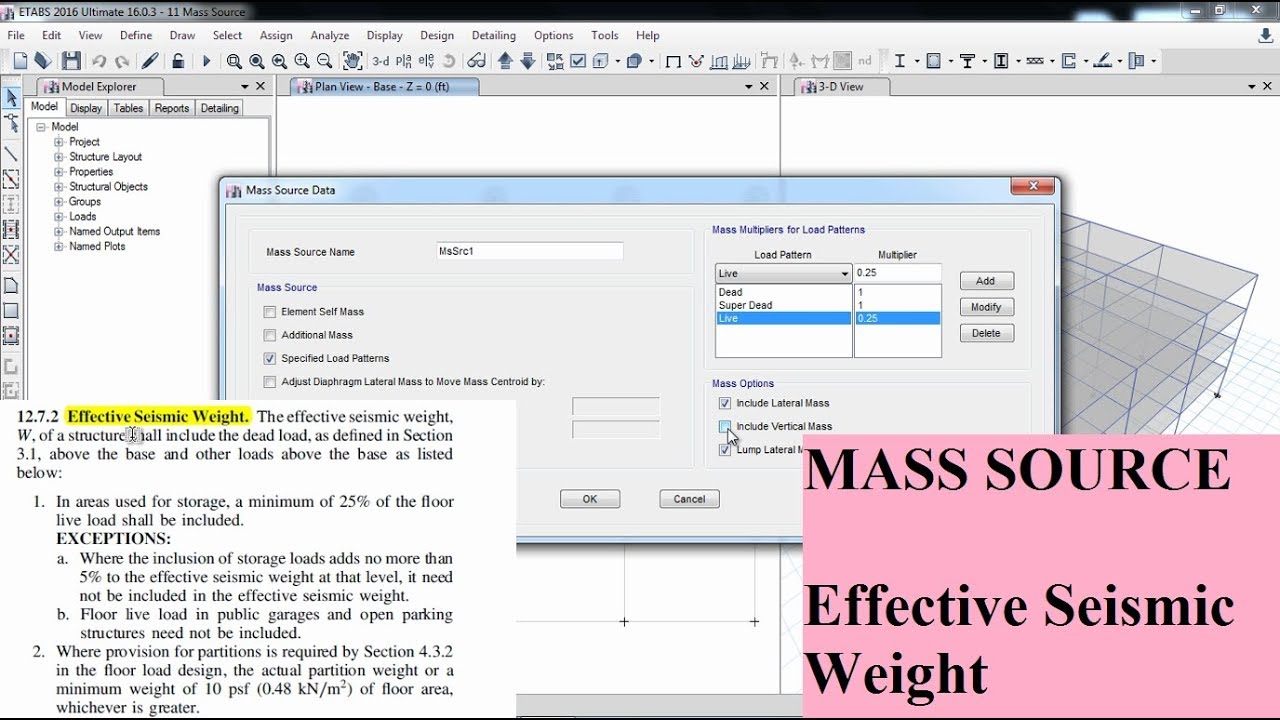 CSI ETABS - 03 - define Mass Source (For Lateral analysis) | Part 9 ...