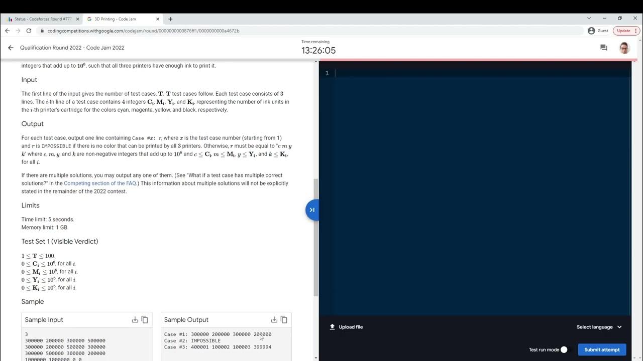 Google Codejam 2022 - "3D Printing" - YouTube