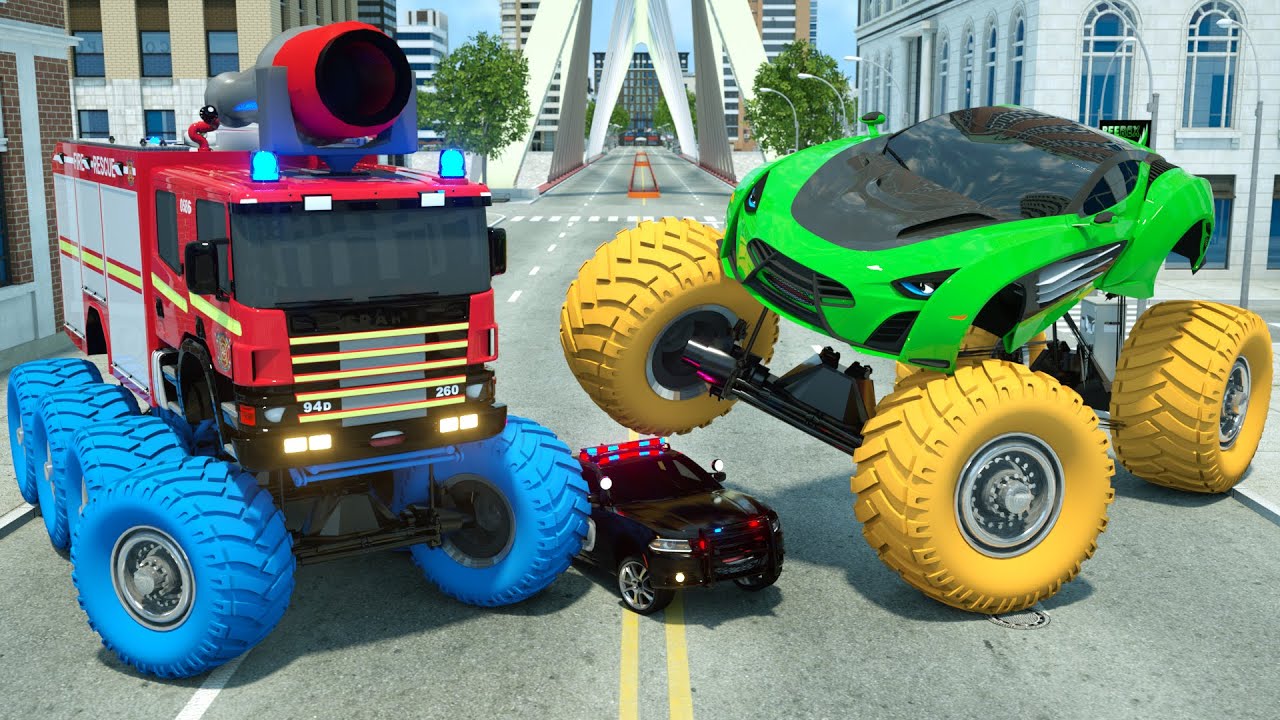 Sergeant Lucas the Police Car - Monster Truck - Monster Fire Truck ...