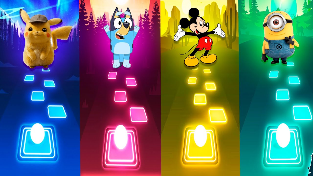 Pikachu VS Bluey VS Mickey Mouse VS Minions || Tiles Hop EDM Rush - YouTube