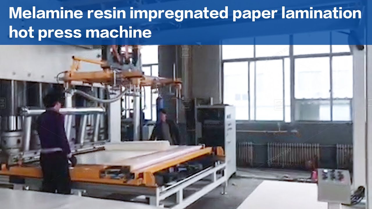 melamine resin impregnated paper lamination hot press machine - YouTube