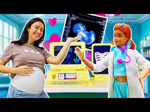 Katy and Barbie doll go to the doctor and check their babies at the hospital.