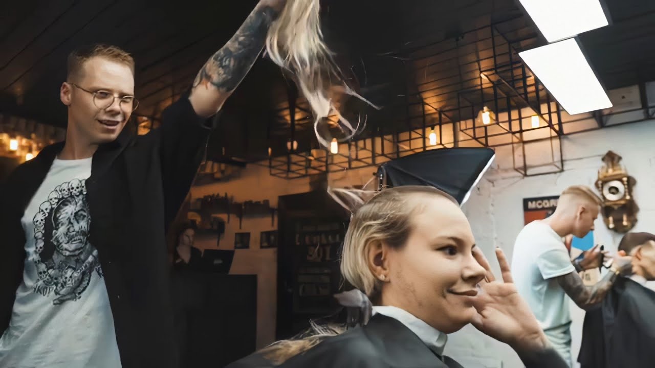 Blonde girl gets a buzzcut in barbershop (HD remaster) - YouTube