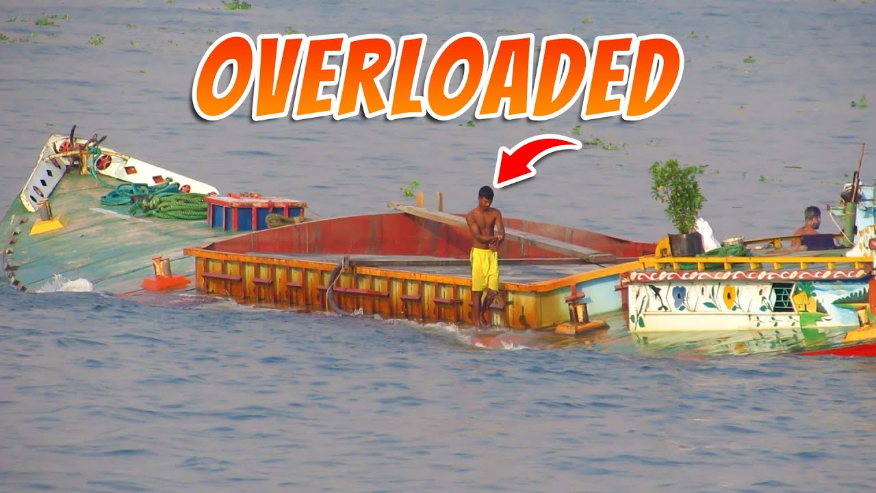 Overloaded Bulkhead Ship In Trouble | Sand Carrier In Turbulent Meghna ...