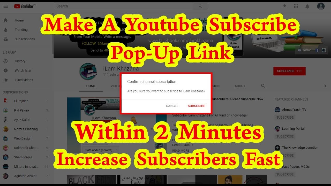 How To Make A Youtube Channel Subscribe pop-up Link or Button 2017 ...