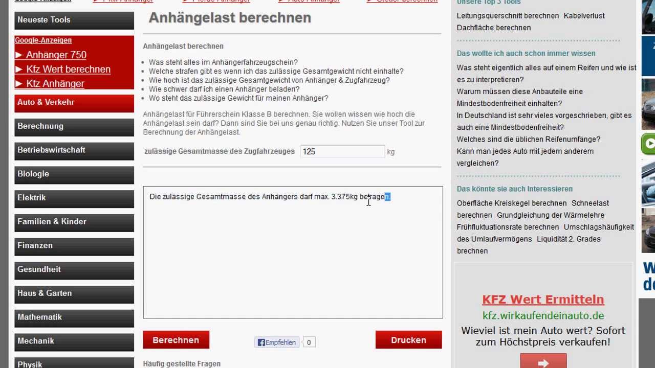 Anhangelast Berechnen Formel
