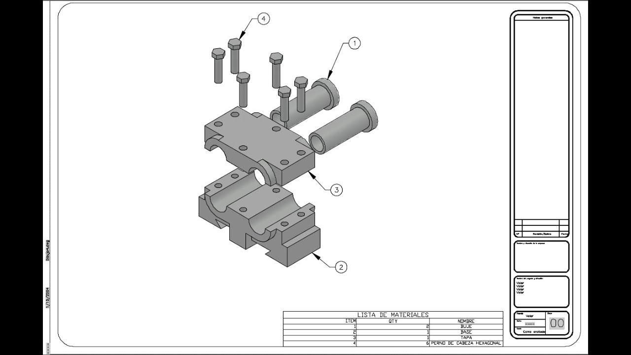 Cojinete doble PIEZAS ENSAMBLE PLANOS en AutoCAD 2019 - YouTube