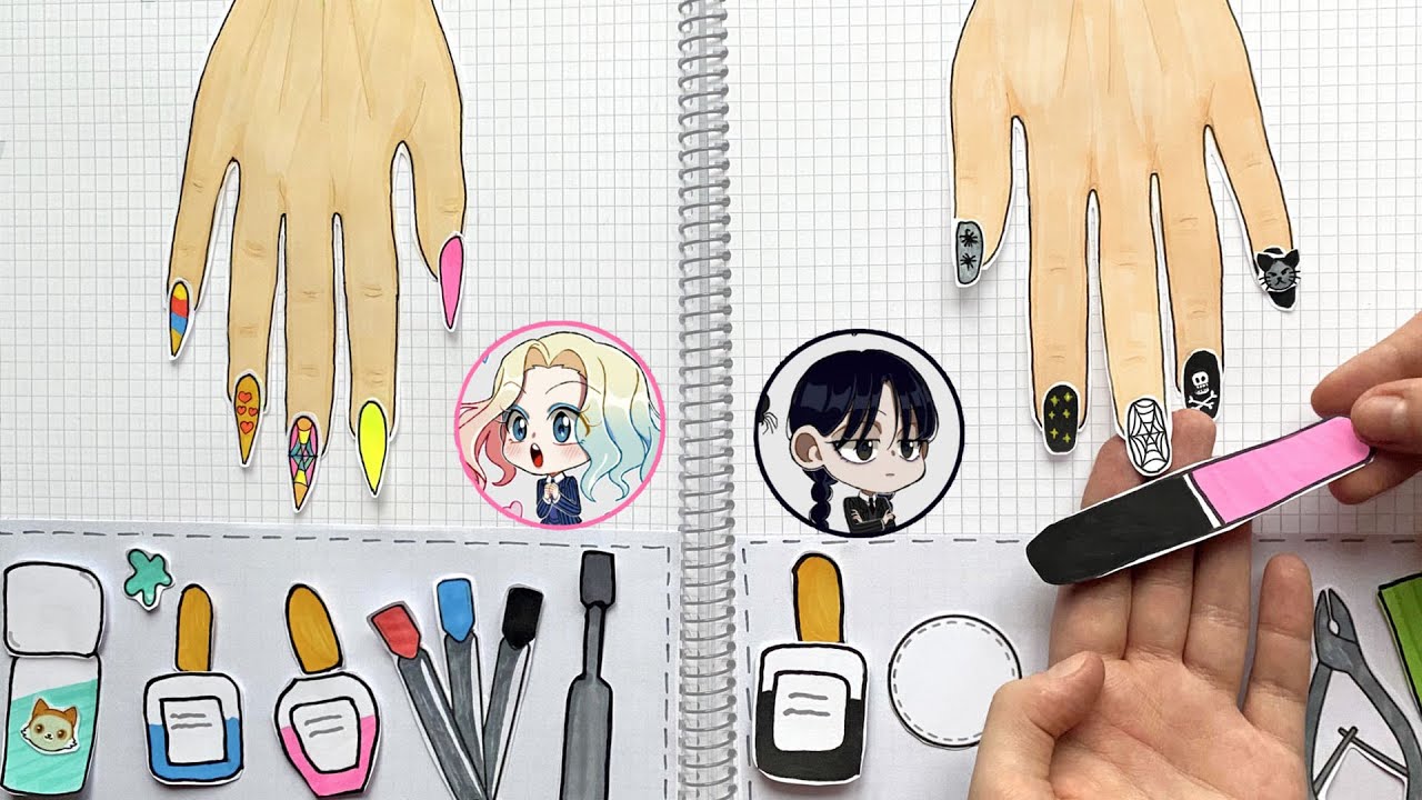 [paper diy] Nail care Wednesday and Enid 💅 Nail art tutorial 놀이 종이 ASMR ...