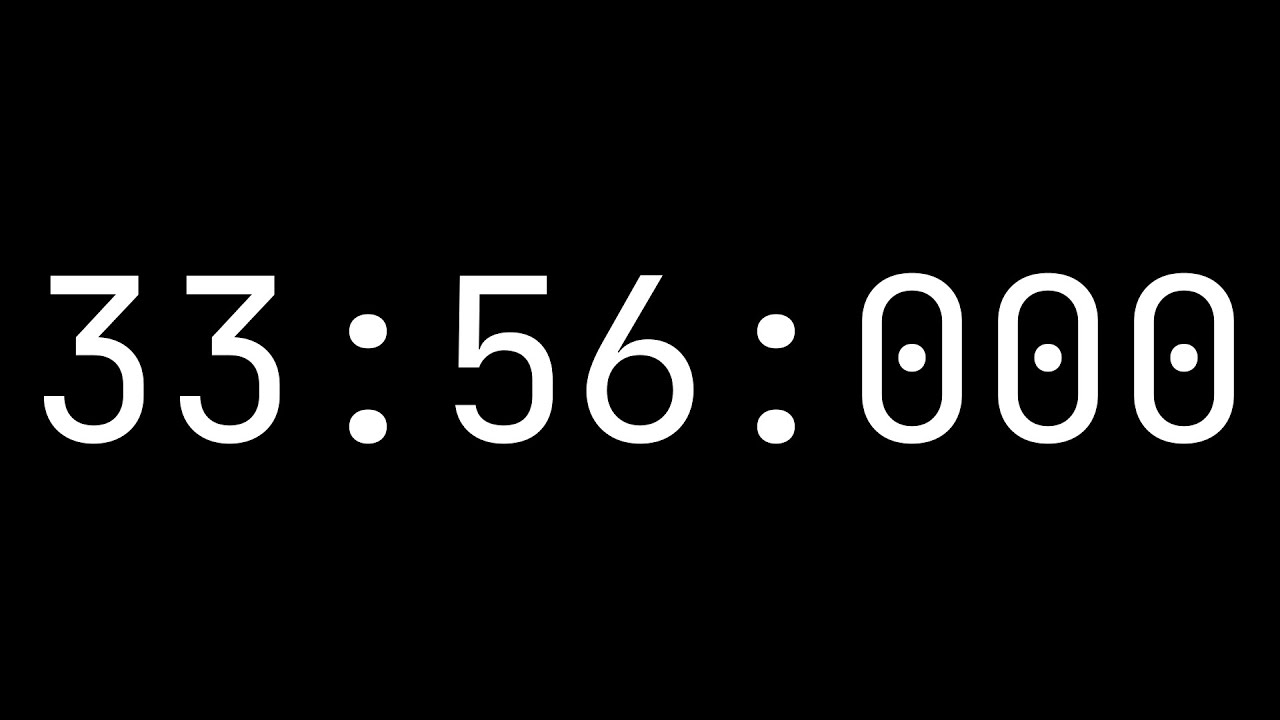 Countdown timer 33 minutes, 56 seconds [33:56:000] - White on black ...
