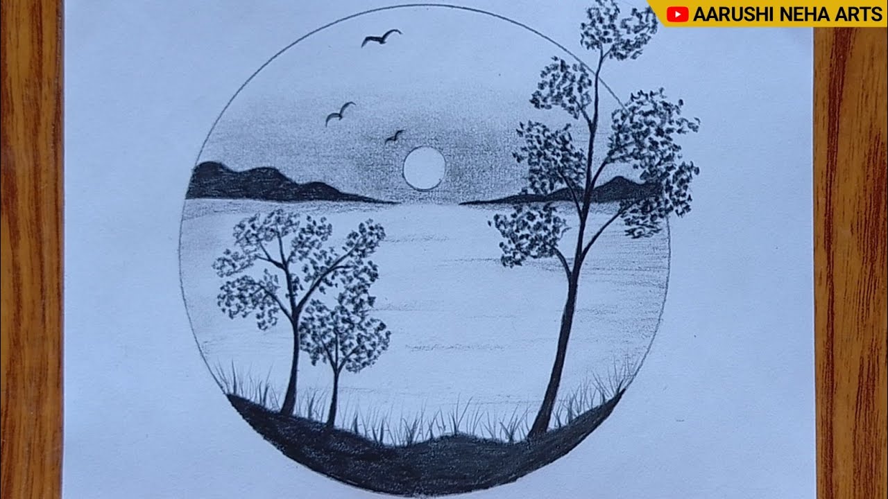 How to draw Beautiful Tree Scenery step by step | Circle Scenery ...