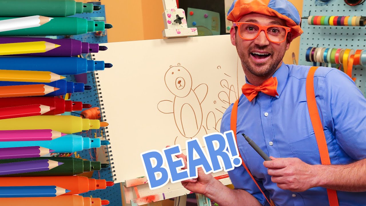 How To Draw A Bear | Draw with Blippi | Arts and Crafts For Toddlers ...