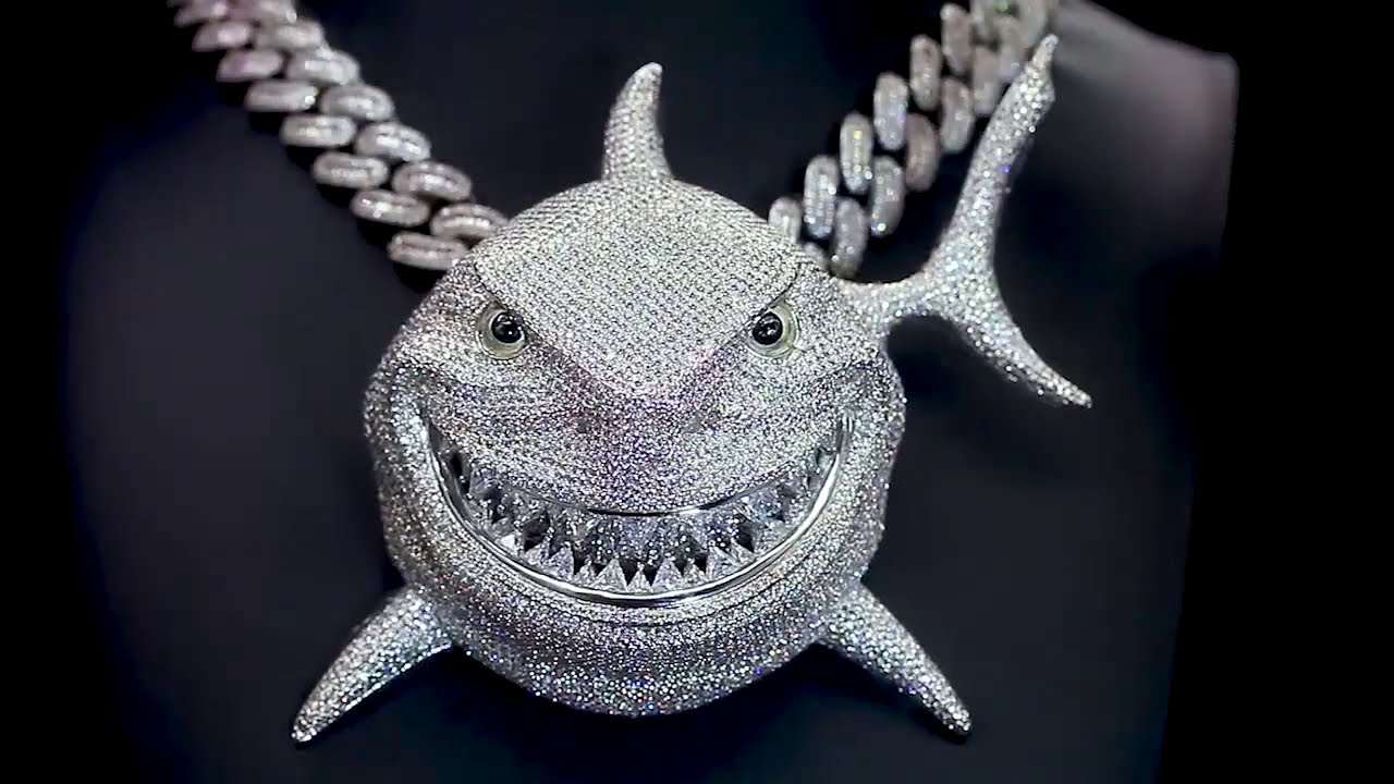 TEKASHI 6IX9INE’S ICED OUT SHARK PENDANT NECKLACE (LARGE SIZE 5 INCH ...