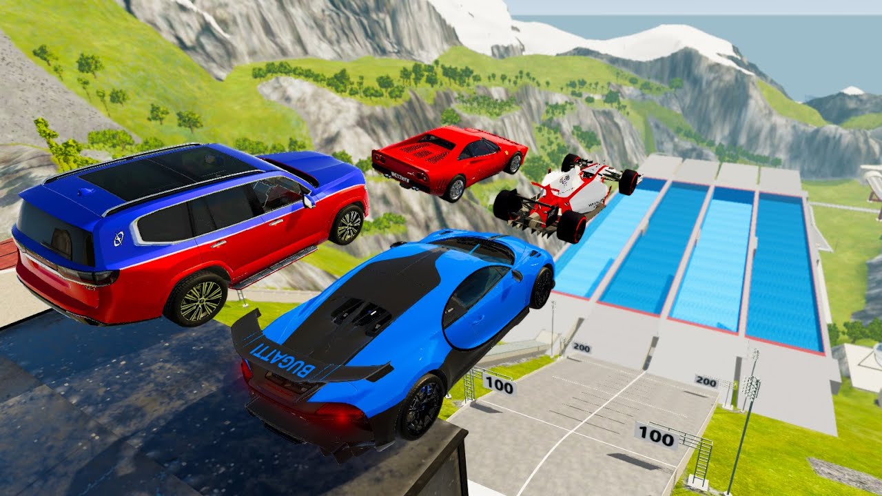 High Speed Car Jump In Four Pools (Bugatti & Ferrari) - BeamNG.drive ...