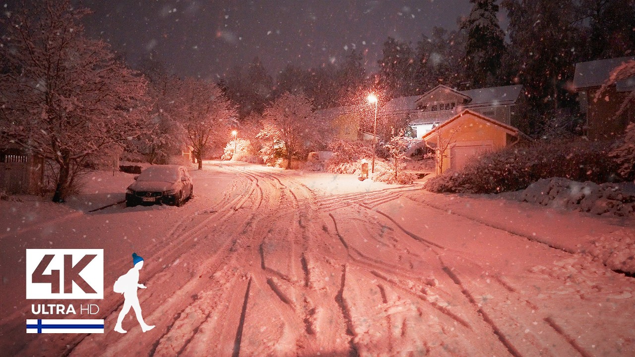 Lonely at Night in Heavy Snowfall, Colorful Street Walk in Finland ...