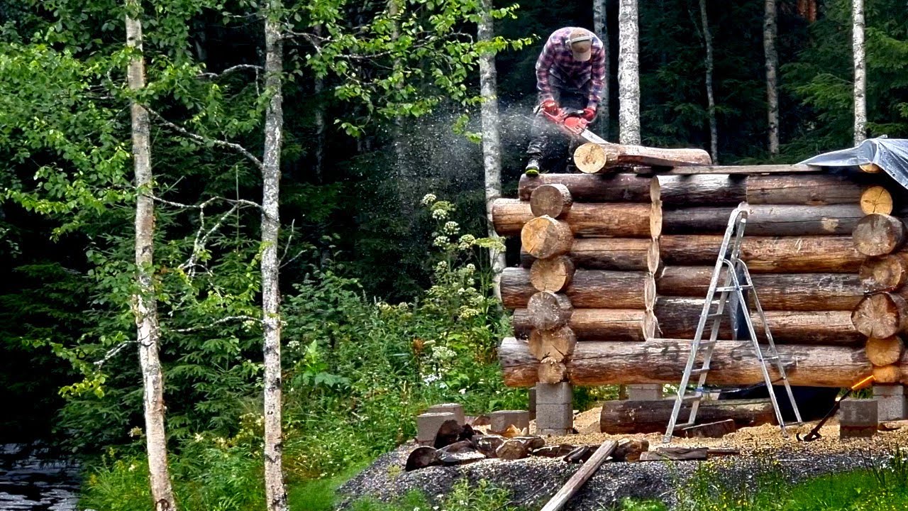 Building a log cabin in the wilderness | Lifting heavy trees alone ...