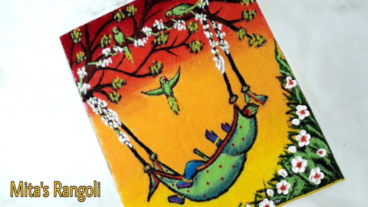 Easy poster rangoli for Janmasthami || Baby Krishna with parrot rangoli ...
