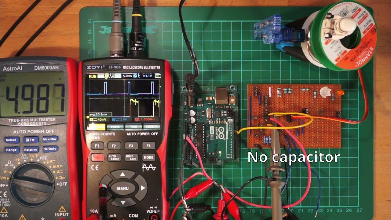 Examining current vs control pulses for a servo and effect of capacitors using an Arduino UNO R3 ...