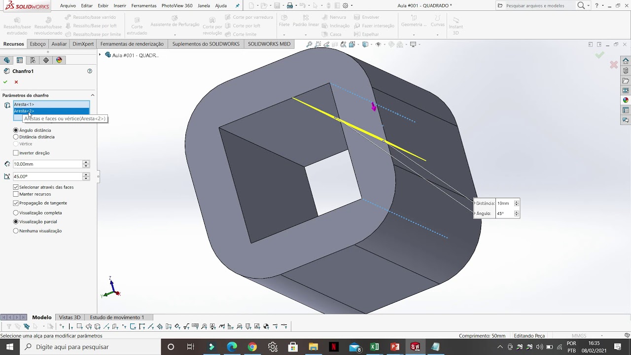 Aula #004 Como fazer para usar o CHANFRO no SolidWorks - YouTube