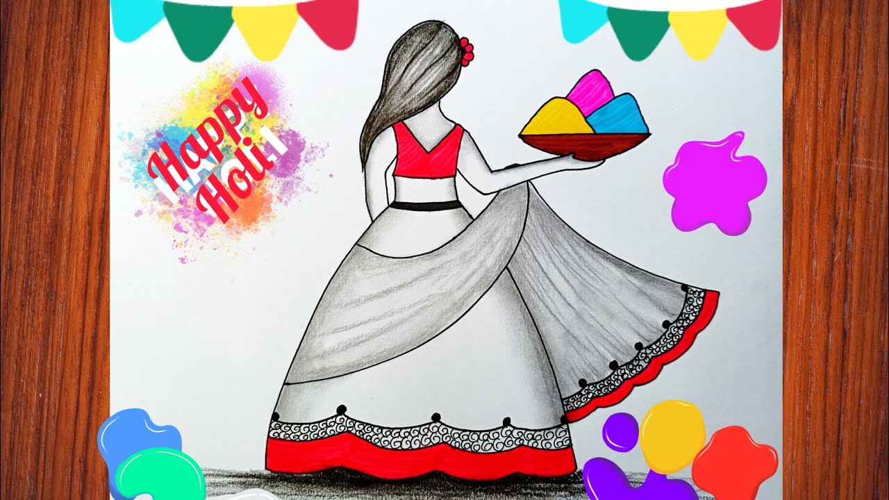 How to draw a girl / backside girl/ holi special girl drawing/ step by ...